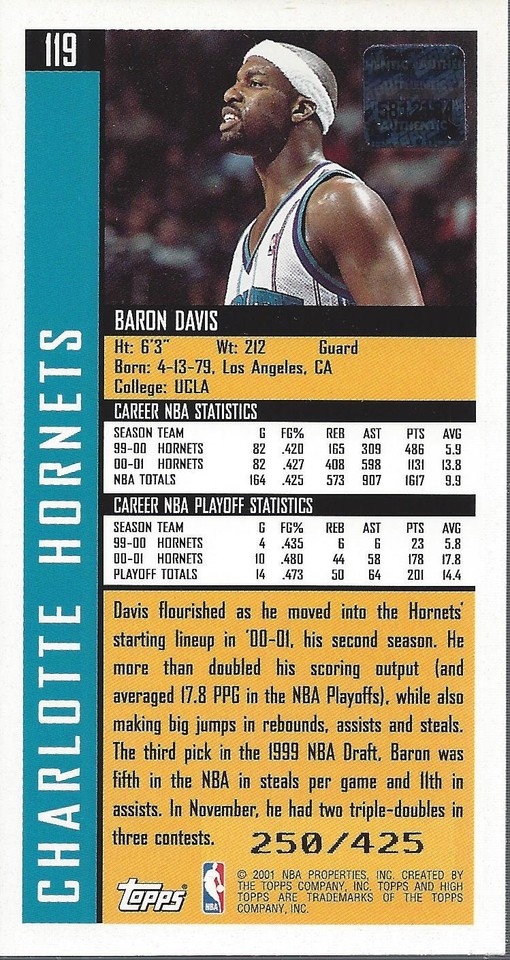 2001-02 Topps High Topps #119 Baron Davis Jersey /425 - NM-MT | eBay