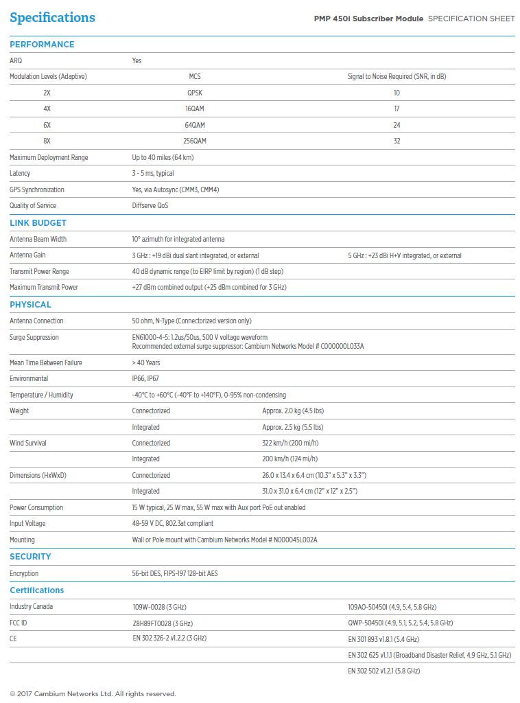 Cambium Networks 5 GHz PMP 450i Connectorized Subscriber Module for ...