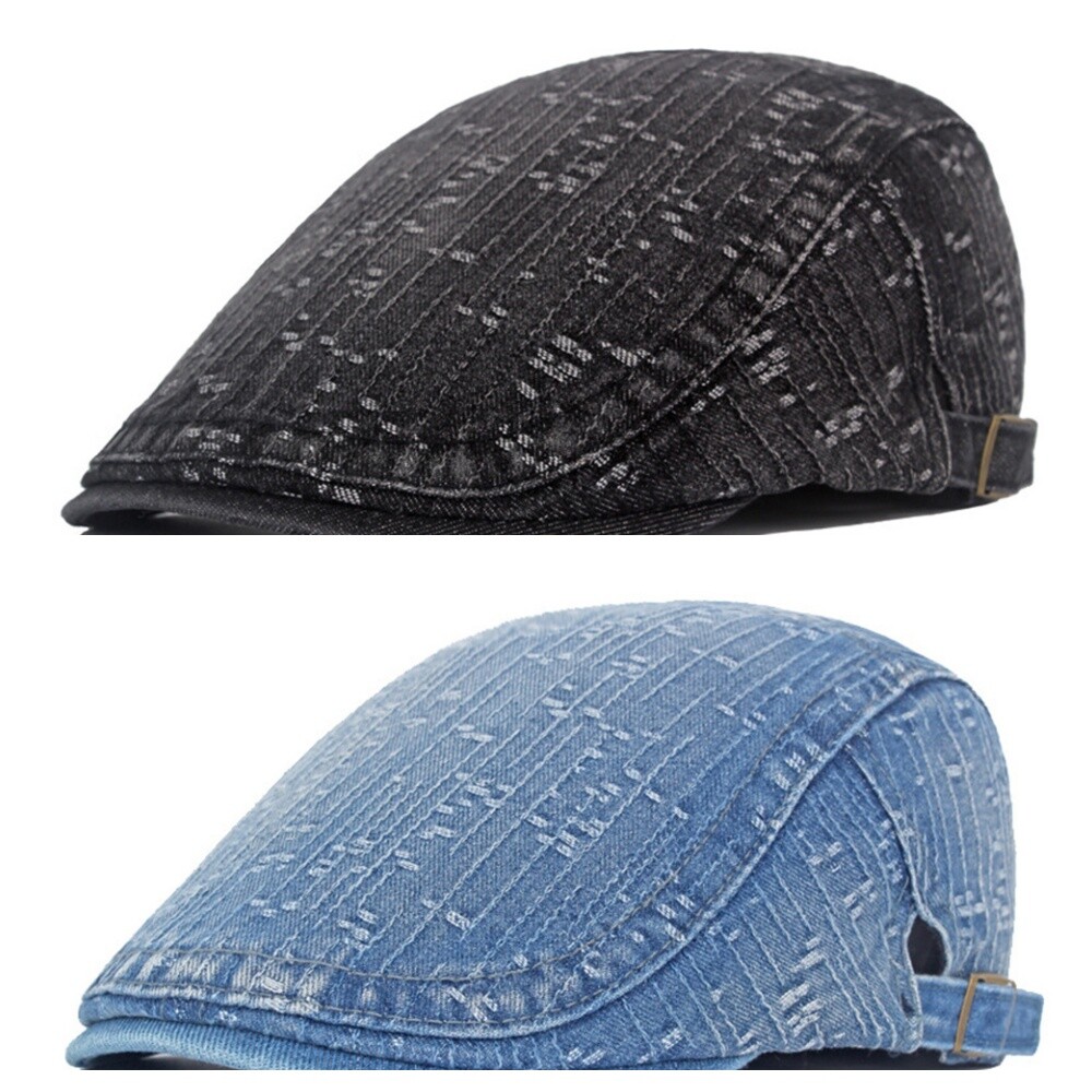 Men's Denim Distress Flat Peaked Cap Striped Adjustable Ivy Driver ...