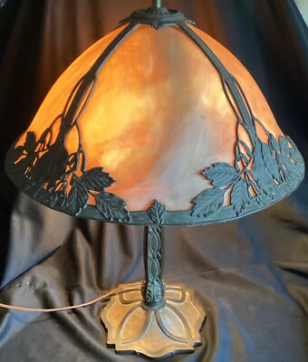 Antique Art Nouveau Stained Slag Glass Shade Panel Lamp Signed Bradley ...