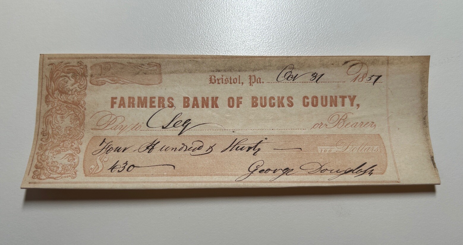 Farmers' Bank of Bucks Co - Bank Check - Bristol PA - 1837 | eBay