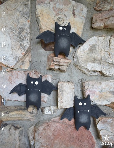 Set of 3 Primitive HALLOWEEN Bats Ornies w/ Curly Wire Hangers ~ 6 ...