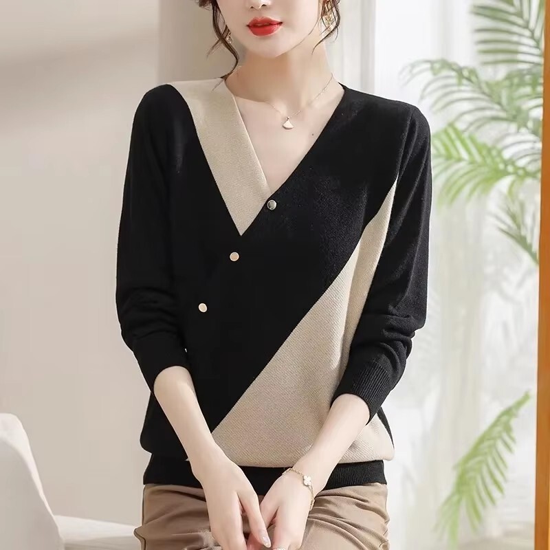 Women Knitted Bottom Shirt Pullover Sweater V-Neck Long Sleeved Top ...