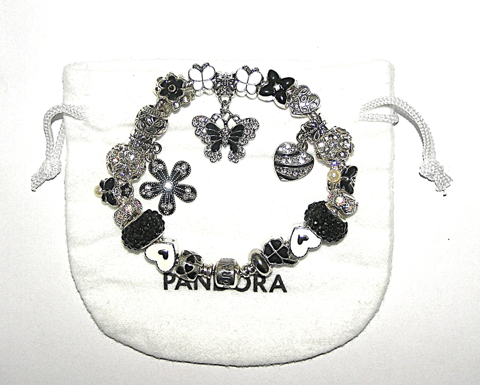 AUTHENTIC Pandora Bracelet W/European Charms Black & White Butterflies ...
