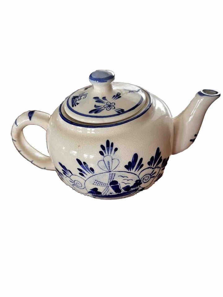 Nobel Ball Teapot Delft Blue & White Porcelain Windmill Crazed Tea Pot ...