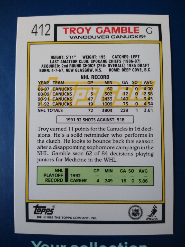 1992 Topps Hockey GOLD Troy Gamble #412 Vancouver Canucks | eBay