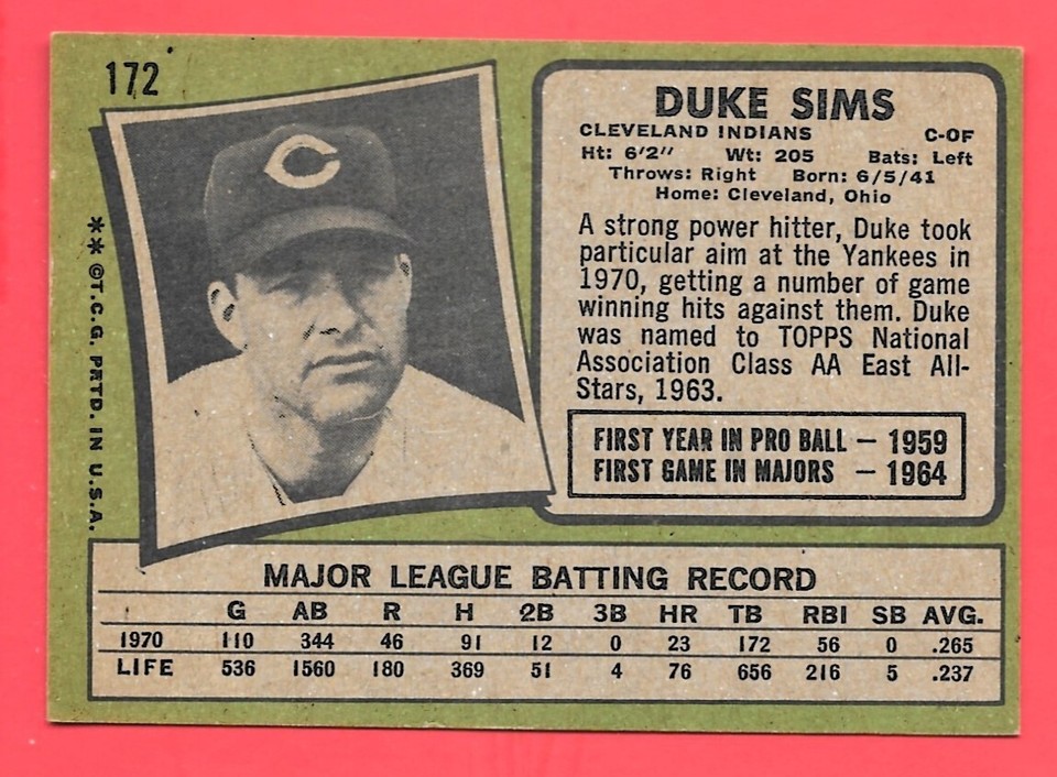 1971 Topps #172 Duke Sims- EX-EXMT | eBay