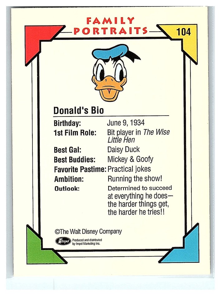 1991 Impel Walt Disney Collector Cards Family Portraits Donald Duck | eBay