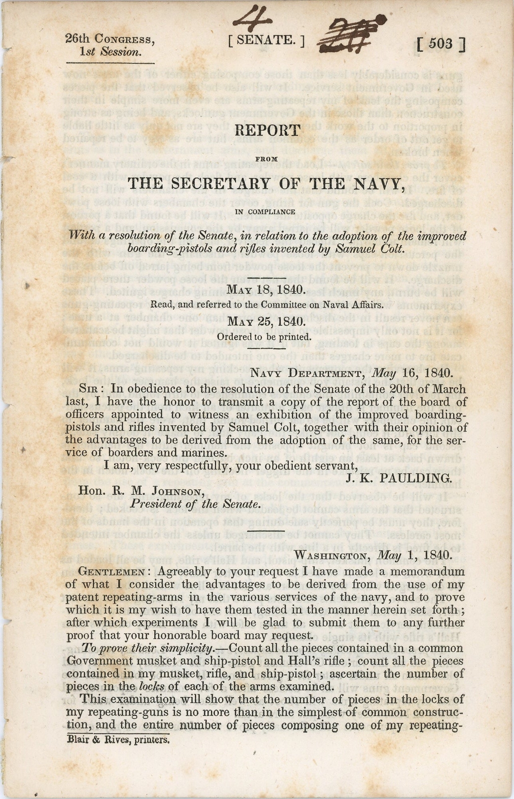 Navy Weapons. Adopt improved boarding-pistols & rifles by Samuel Colt ...
