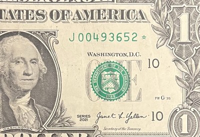 2021 $1 One Dollar Star Note J00493652* Kansas City Total Run Size ...