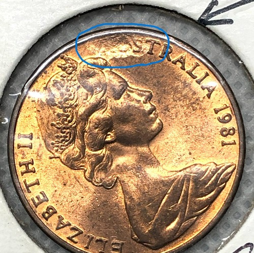 1981 2 cent "die fill" or "struck through grease/oil" error coin. Great ...