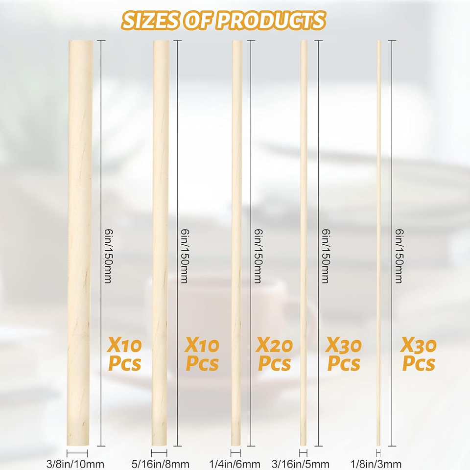 100 Pcs Wood Dowels Assorted Sizes Dowel Rods for Crafting Wood Sticks ...