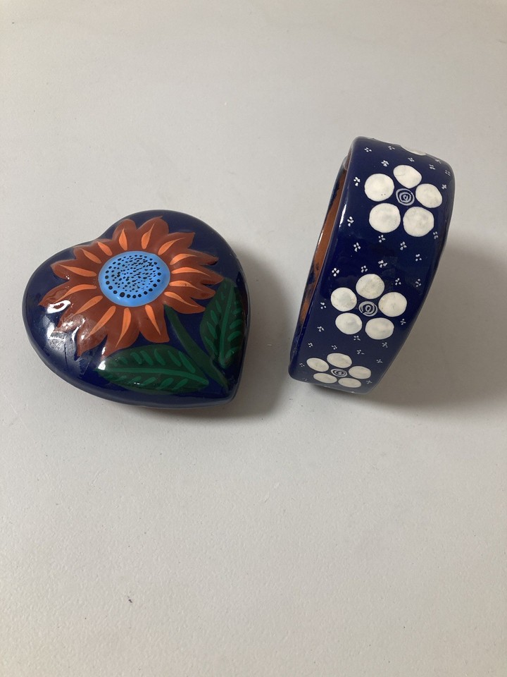 Heart Shaped Terra Cotta Hand Painted Midnight Sunflower Trinket Box 4 ...