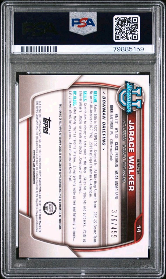 PSA 10 - JARACE WALKER #/499 Auto - 2022 Bowman U Chrome Prospect RC ...