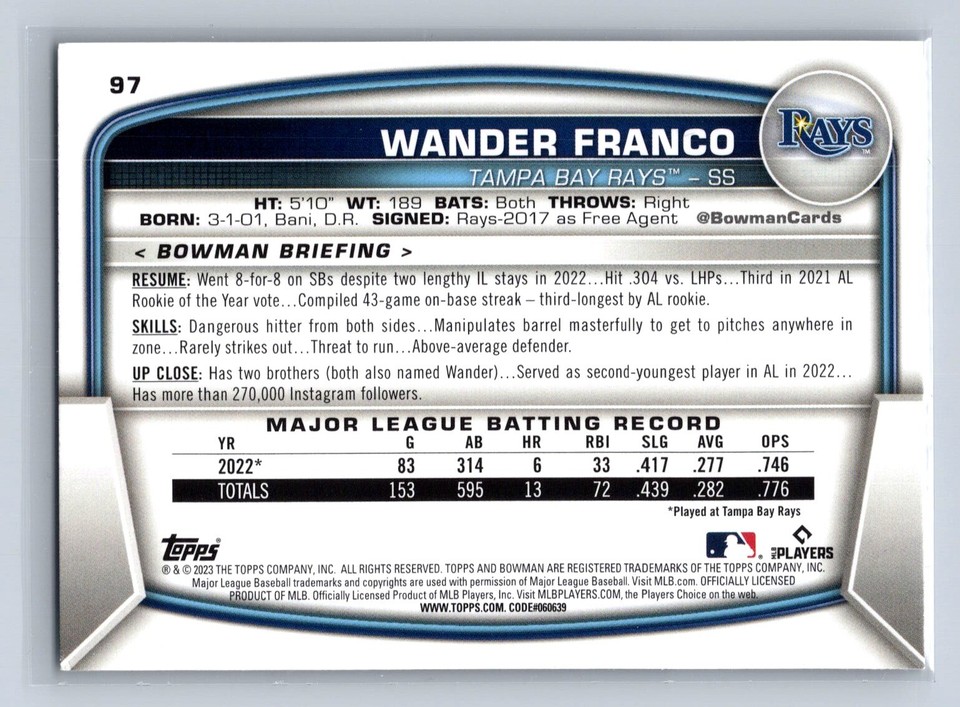2023 Bowman #97 Wander Franco Tampa Bay Rays | eBay