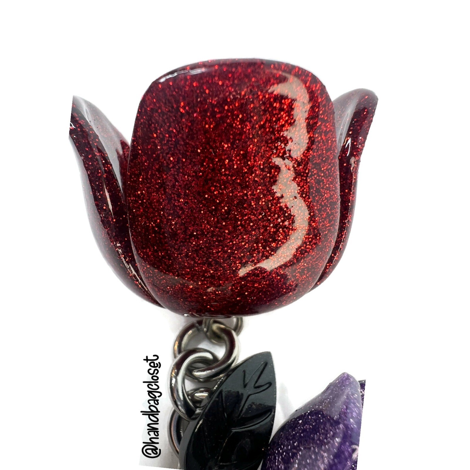 COACH GLITTER RESIN TEA ROSE BAG CHARM F58514 SILVER RED PURPLE TULIP ...