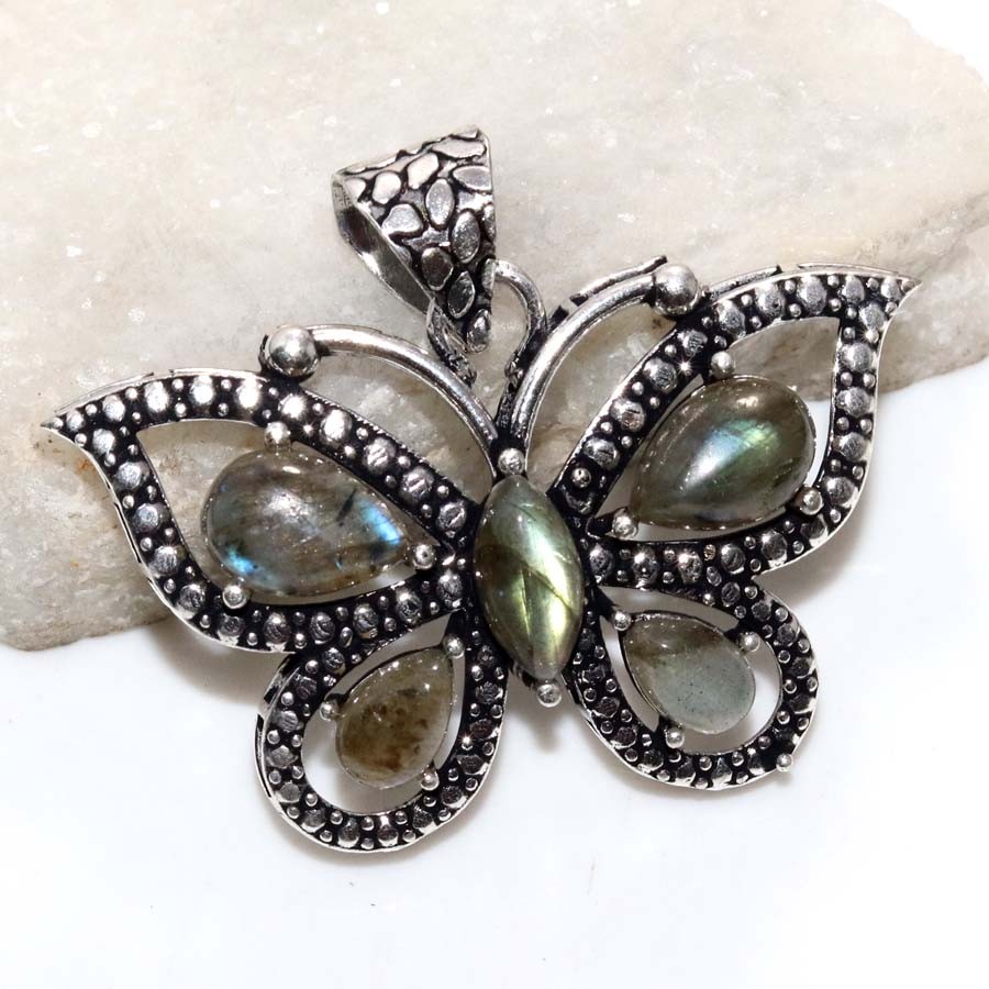 Butterfly Fiery Labradorite 925 Silver Plated Pendant 1.7