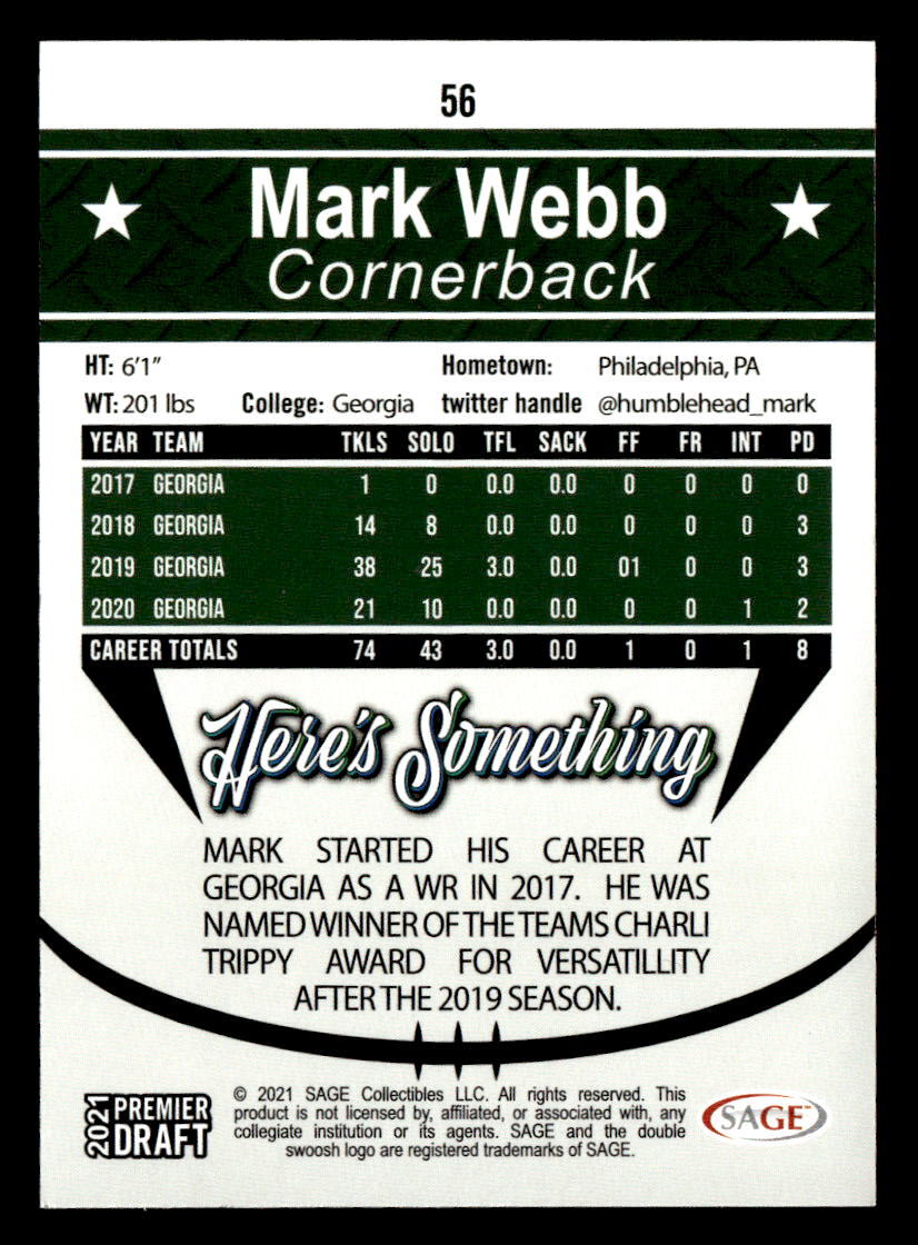 Mark Webb 2021 SAGE Premier Draft Card #56 Georgia Bulldogs | eBay