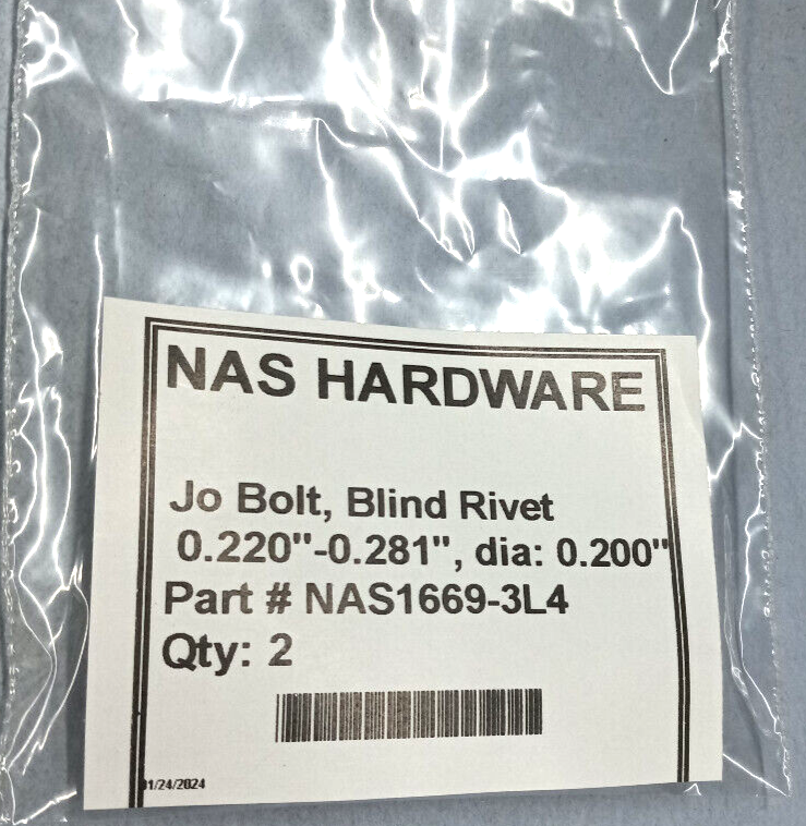 NAS P/N NAS1669-3L4 Jo Bolt, Blind Rivet 0.220"-0.281", dia: 0.200" (2 ...