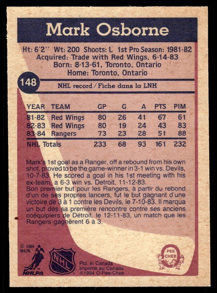 1984-85 O-Pee-Chee Mark Osborne New York Rangers #148 | eBay