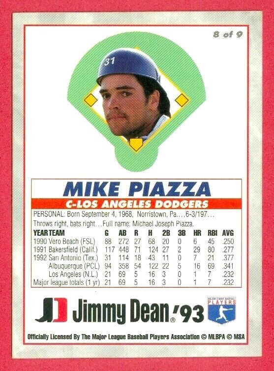 1993 JIMMY DEAN (BB) Mike Piazza LP "ROOKIES" RC CHASE CARD #8 LA ...