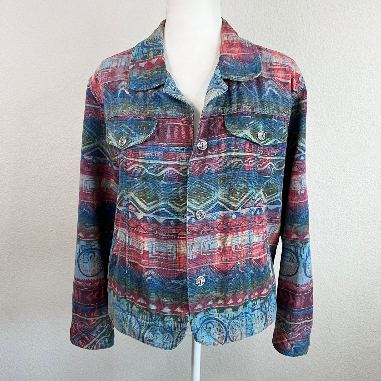 Chico's Vintage Southwest Aztec Denim Jacket Women's 1 M/8 Colorful ...