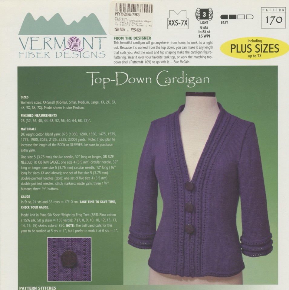 Vermont Fiber Designs Knitting Pattern 170 Top-Down Cardigan Women Plus ...
