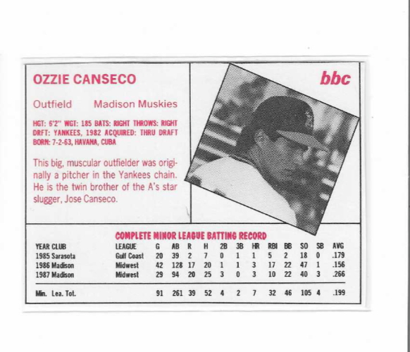 1987 Baseball Cards Magazine FS Ozzie Canseco Madison Muskies w/white ...