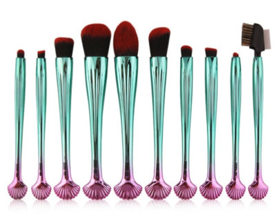 10Pc Metallic Aqua & Pink Shell shaped Make up Cosmetic brushes with ...