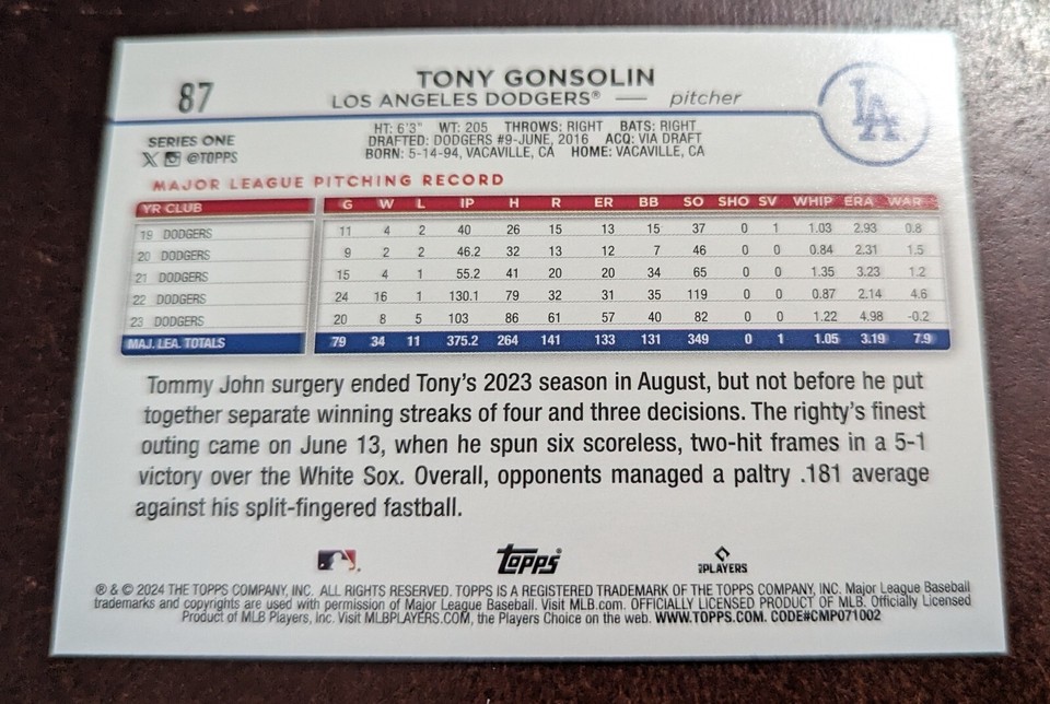 2024 Topps Series One Tony Gonsolin Rainbow Foil Los Angeles Dodgers | eBay