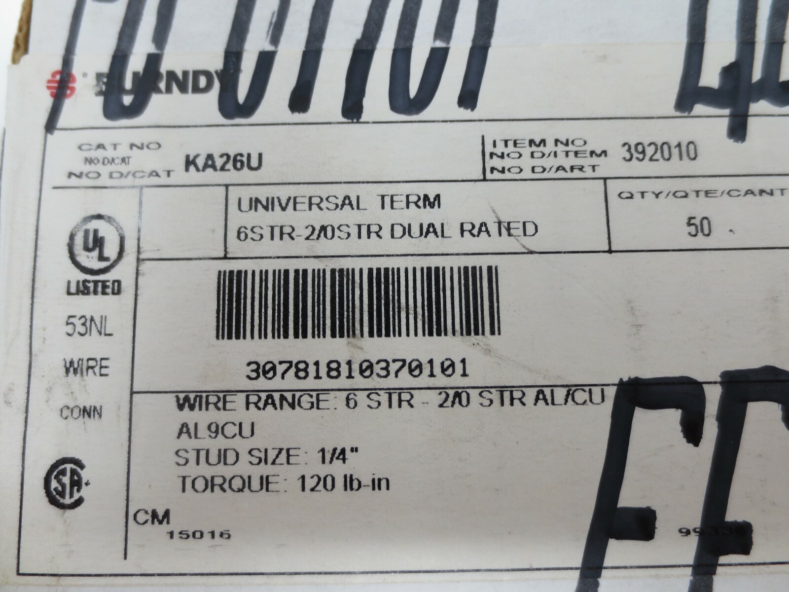 Burndy KA26U Aluminum Terminal Lug 6 STR- 2/0 STR Range 1/4” Stud | eBay