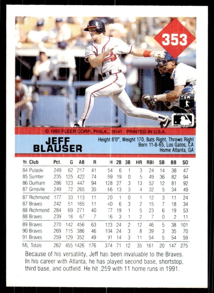 1992 Fleer Baseball Card Jeff Blauser Atlanta Braves #353 | eBay