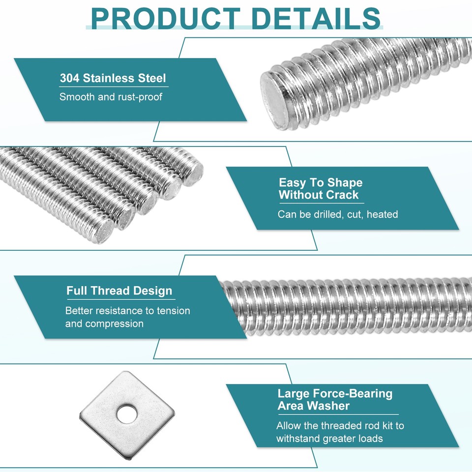10Pcs Fully Threaded Rod, M5 x 45mm 304 Stainless Steel with Nuts ...