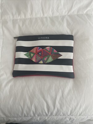 Sephora black white striped kiss Lip cosmetic Red makeup bag Faux ...