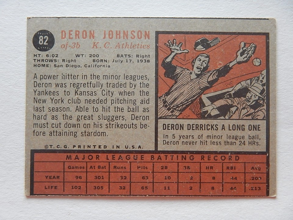 Deron Johnson #82 Topps 1962 Baseball Card (Kansas City Athletics) *G ...