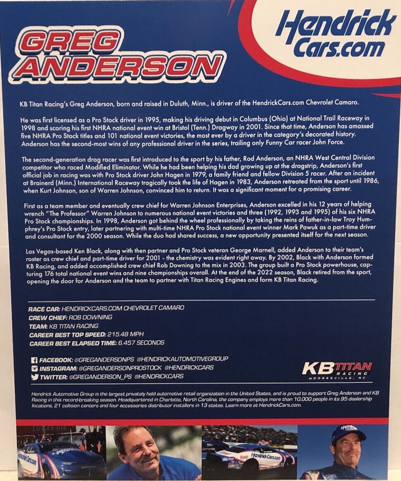 2023 GREG ANDERSON HENDRICK CARS.COM PRO STOCK CAMARO NHRA DRAG RACING ...