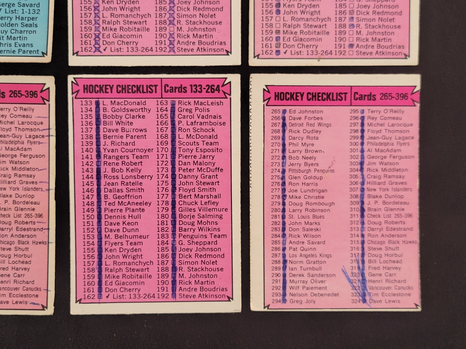 1974-75 0-PEE-CHEE 8 CARDS LOT MARKED CHECKLIST #54-162-311 NHL HOCKEY ...
