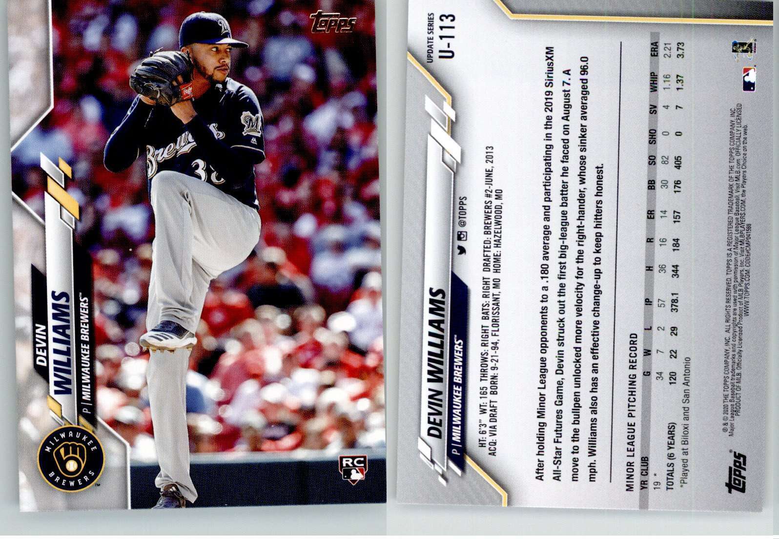 Devin Williams 2020 Topps Update U-113 Brewers RC Rookie | eBay