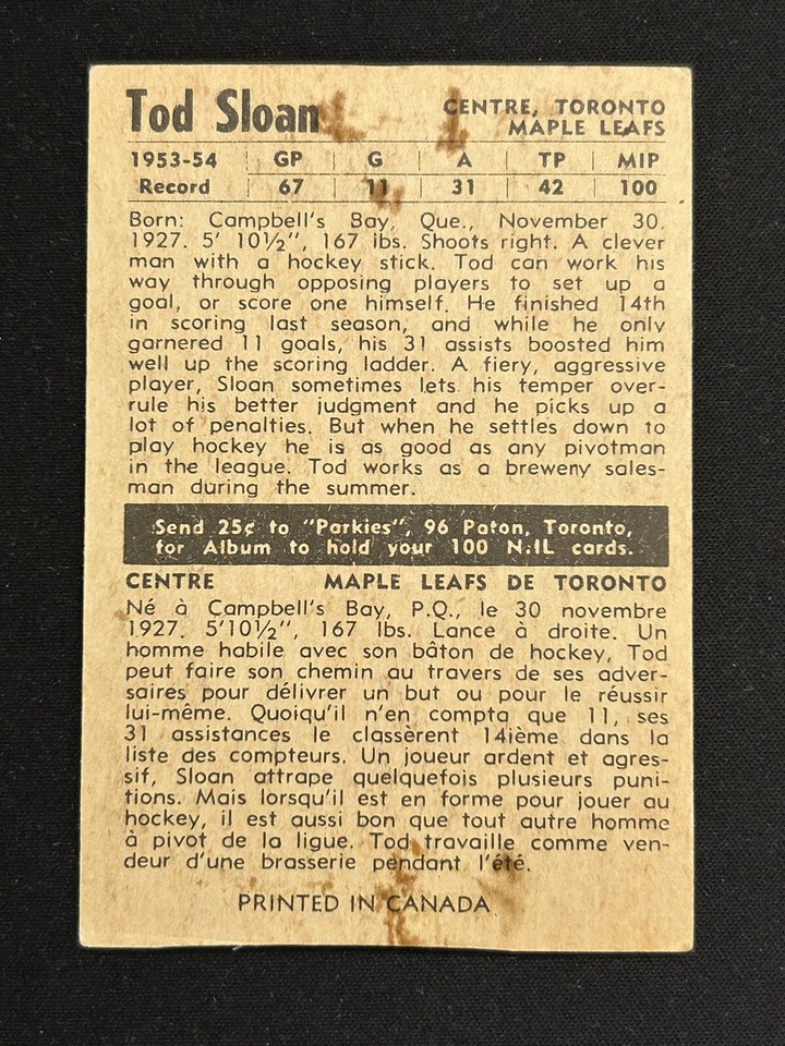 1954-55 Parkhurst Hockey - Text Back #30 Tod Sloan | eBay