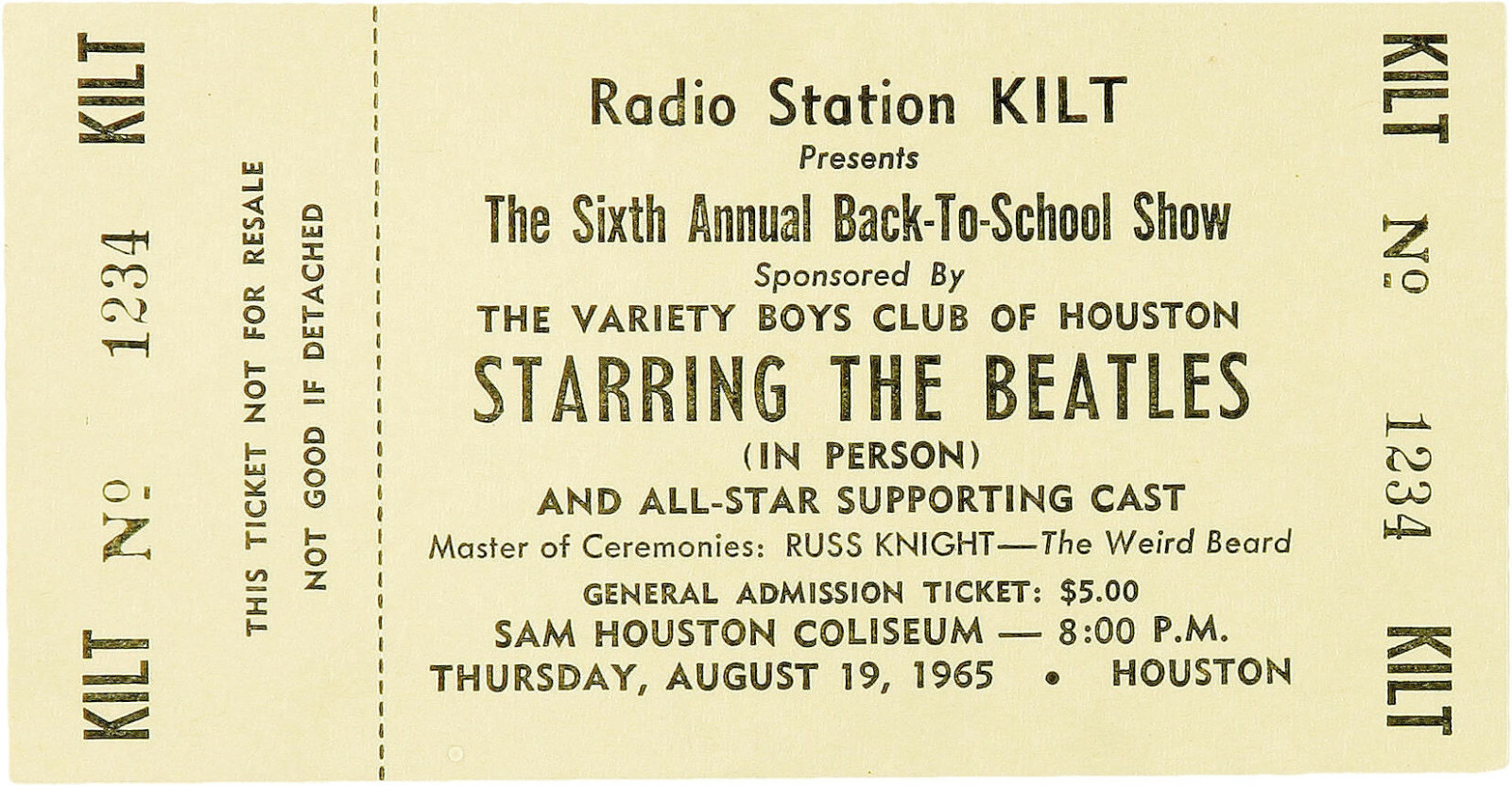 THE BEATLES Radio KILT (Houston) 1965 Complete Concert Ticket 6"x3 ...