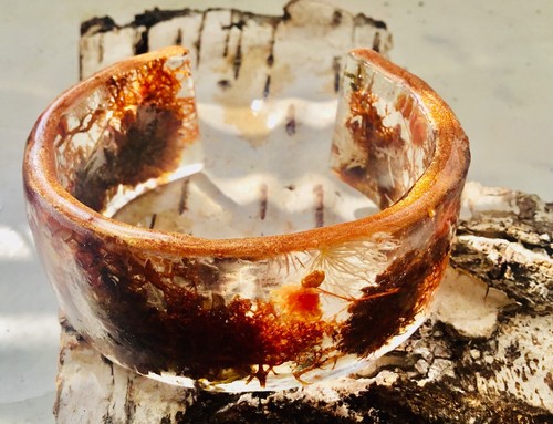 Chrysanthemum Resin Cuff Bracelet with Rusty Moss & pink baby breath ...
