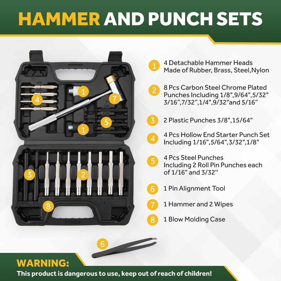 Punch Set, 22-Piece Pin Punches and Hammer with Brass, Punch Tool, Roll ...