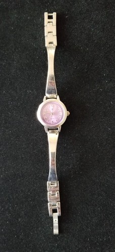 Polini Half Cuff Watch Silver Tone Purple Face 6" Max Size New Battery ...