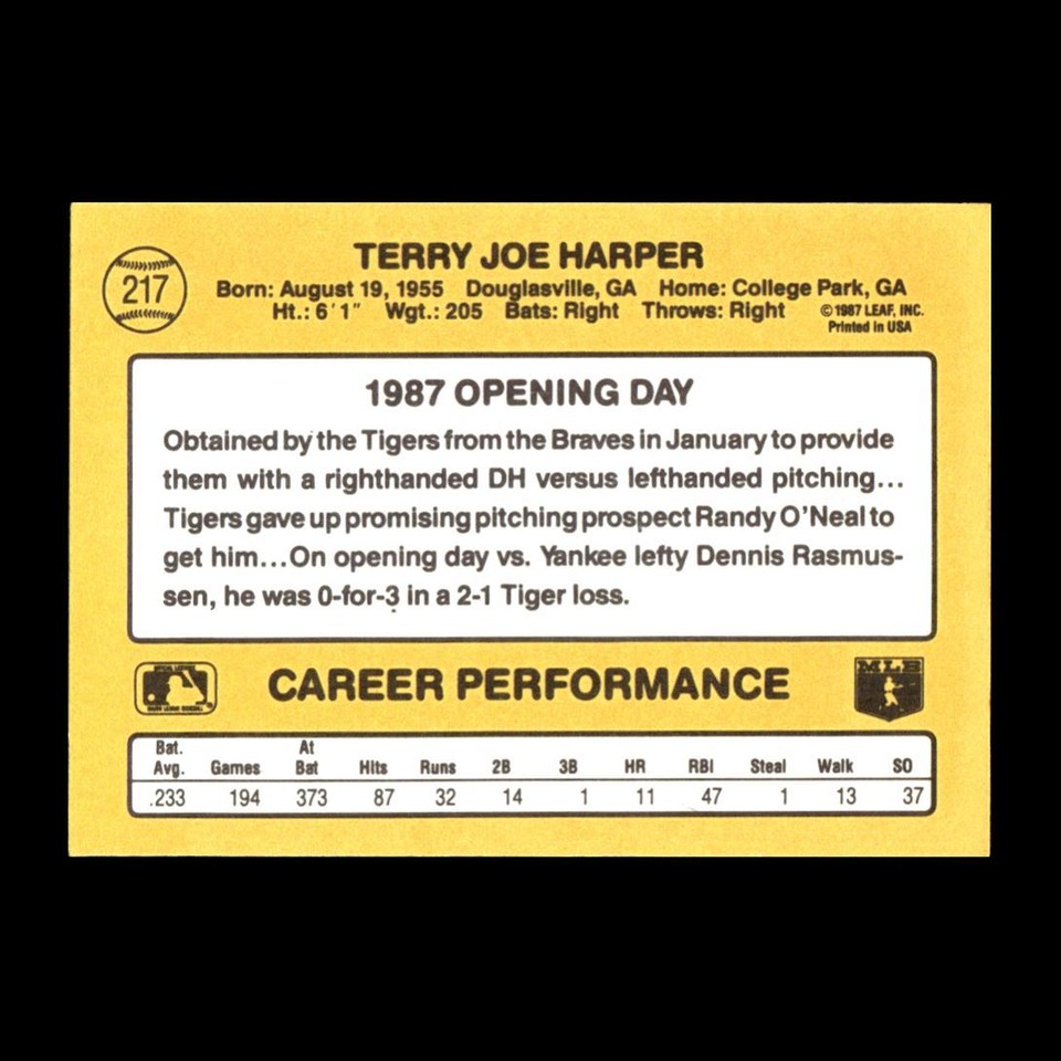 Terry Harper 1987 Donruss Opening Day Detroit Tigers #217 R319C 17 | eBay