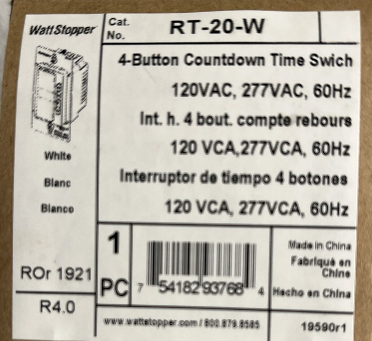 Wattstopper Time Switch PIR Low Voltage 4-Button countdown WHITE RT-20 ...