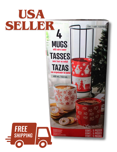Signature Housewares Holiday Stoneware Mugs 13.5 oz. with Wire Tower ...
