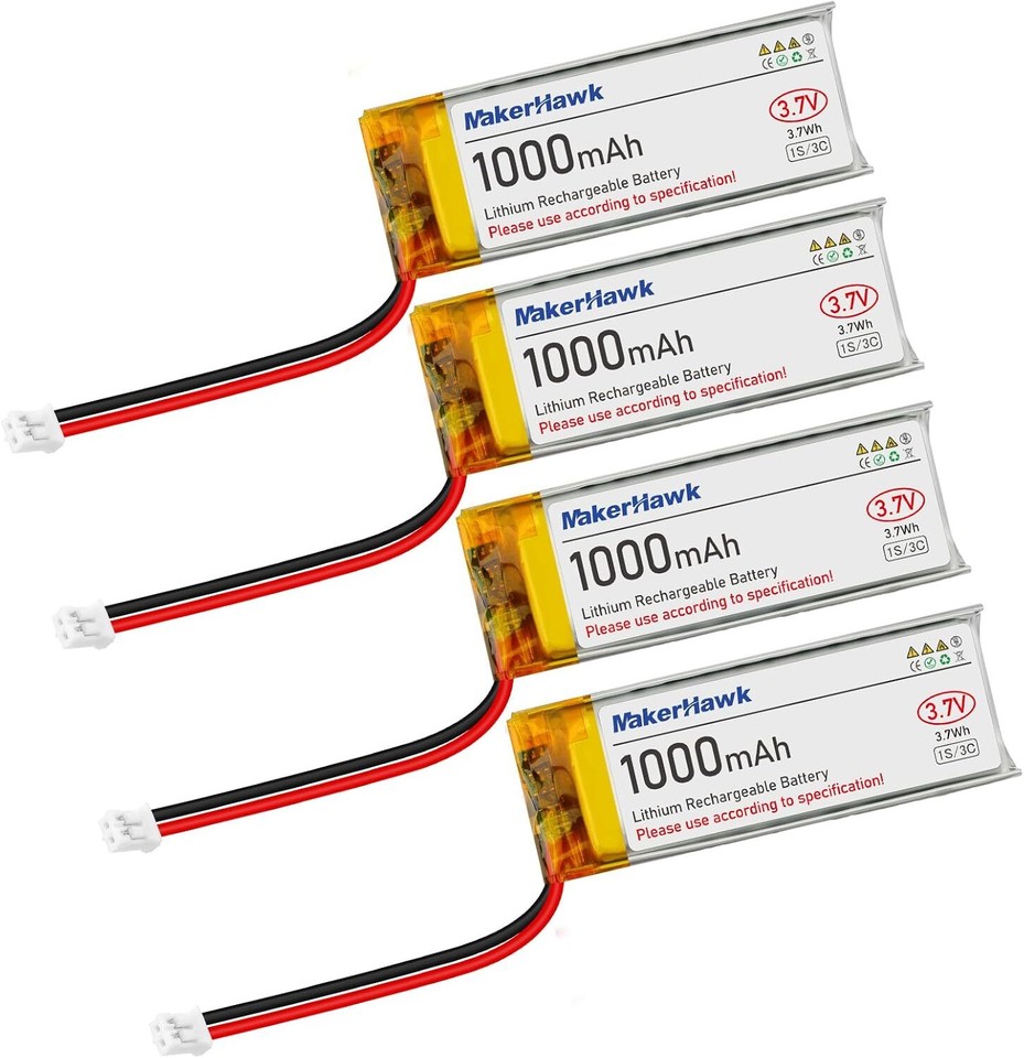 4 Pcs 3.7V 1000mAh 1S 3C Rechargable Lipo Lithium Battery w/Micro JST ...