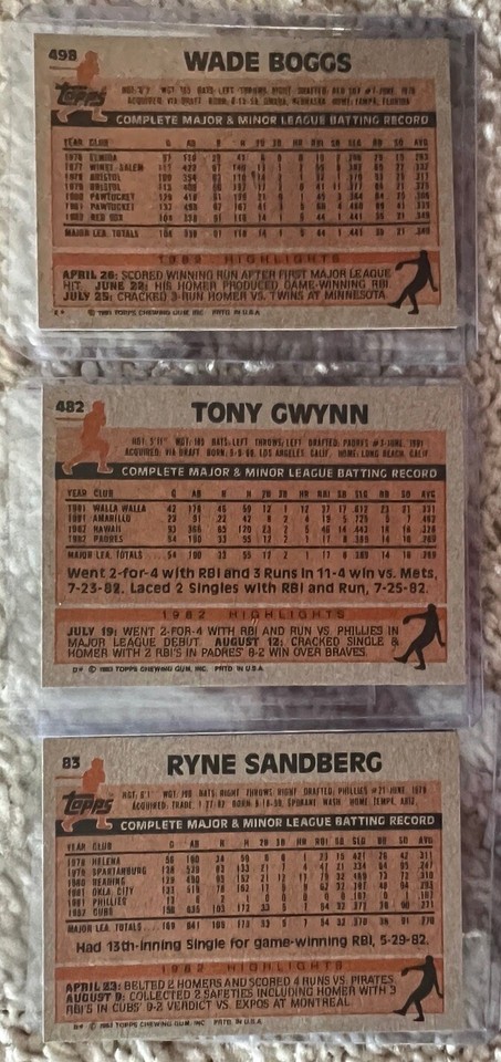1983 Topps 3 Card Lot- #498 Wade Boggs, #482 Tony Gwynn, #83 Ryne ...
