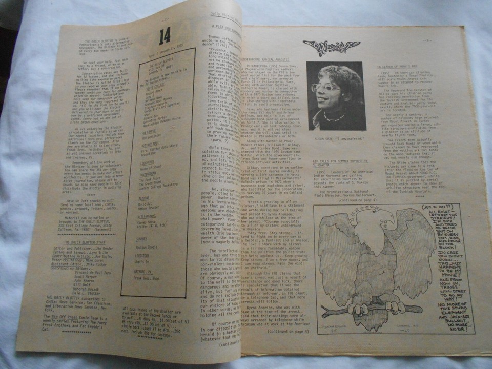 PSU STATE COLLEGE PA DAILY BLOTTER APRIL 7,1975 NEWSPAPER Vtg ...