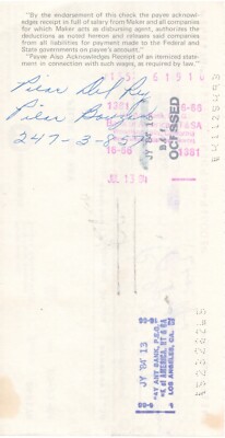 Pilar Del Rey. Giant actress. Signed WB payroll check endorsed on verso ...